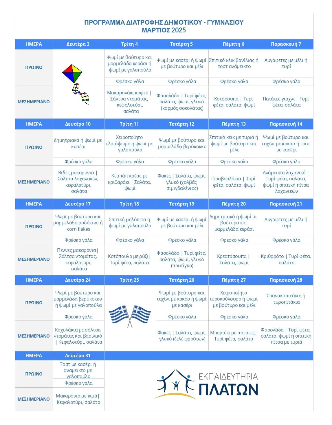 Πρόγραμμα διατροφής – Μάρτιος 2025 – Εκπαιδευτήρια ΠΛΑΤΩΝ